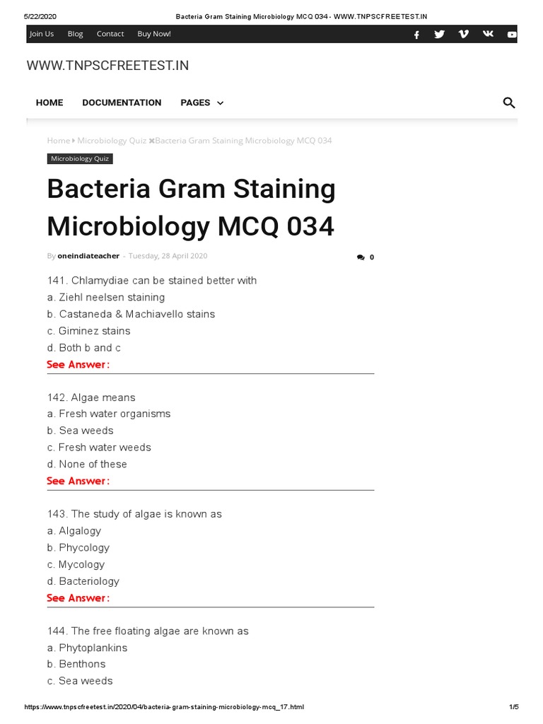 Bacteria Gram Staining Microbiology MCQ 034 - WWW - tnpsCFREETEST.in | PDF