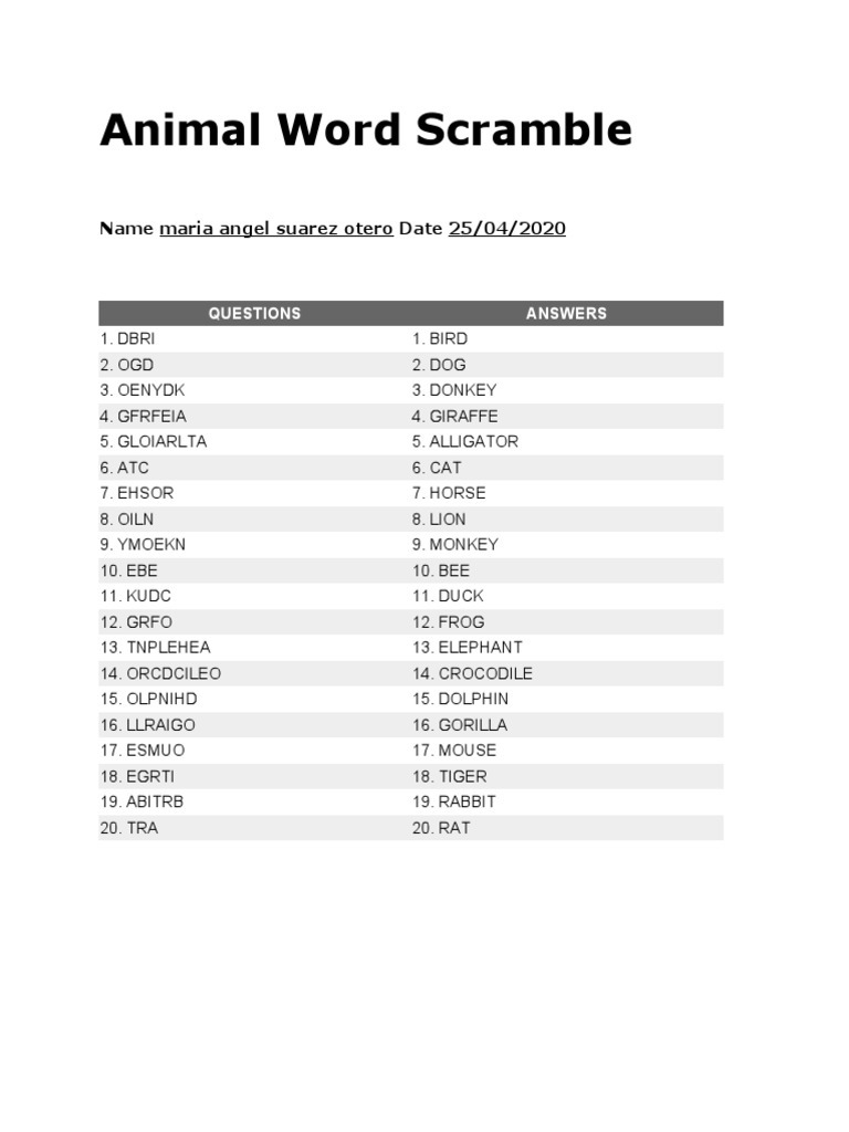 Animal Name Scramble Answers | PDF