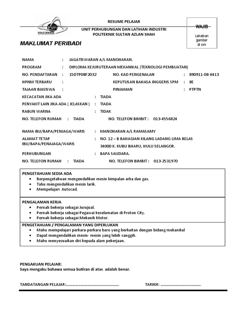 Contoh Resume Pelajar Kejuruteraan | PDF