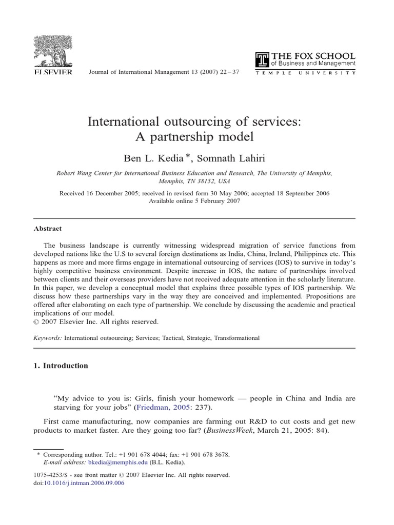 International Outsourcing of Services: A Partnership Model: Ben L ...