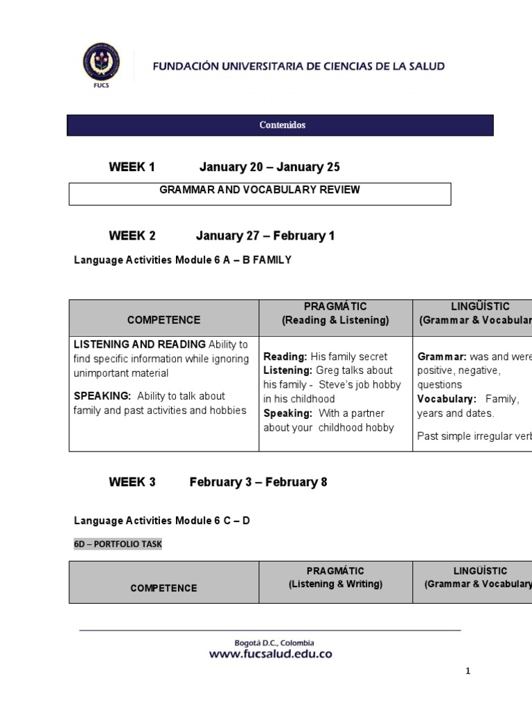 WEEK 1 January 20 - January 25: Contenidos | PDF | Vocabulary | Linguistics