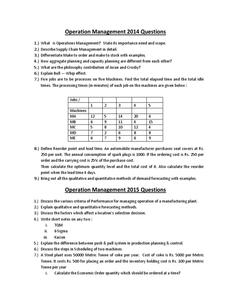 Operation Management 2014 Questions | PDF | Operations Management ...