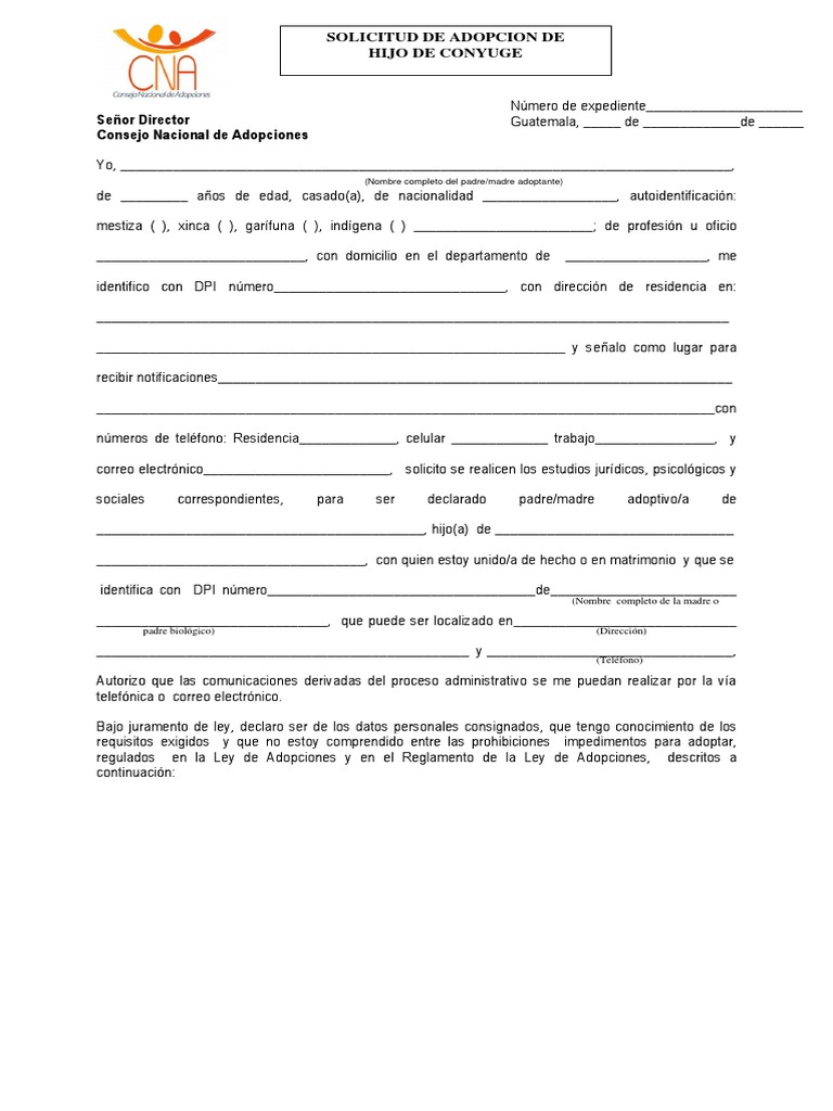 Solicitud de adopción del hijo del cónyuge ante el Consejo Nacional de Adopciones | PDF ...