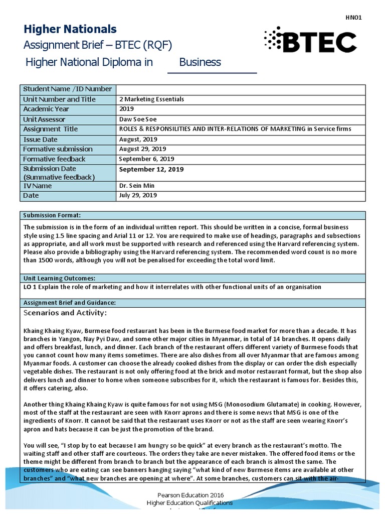 Assignment Brief - Btec (RQF) Higher National Diploma in Business | PDF | Restaurants | Marketing