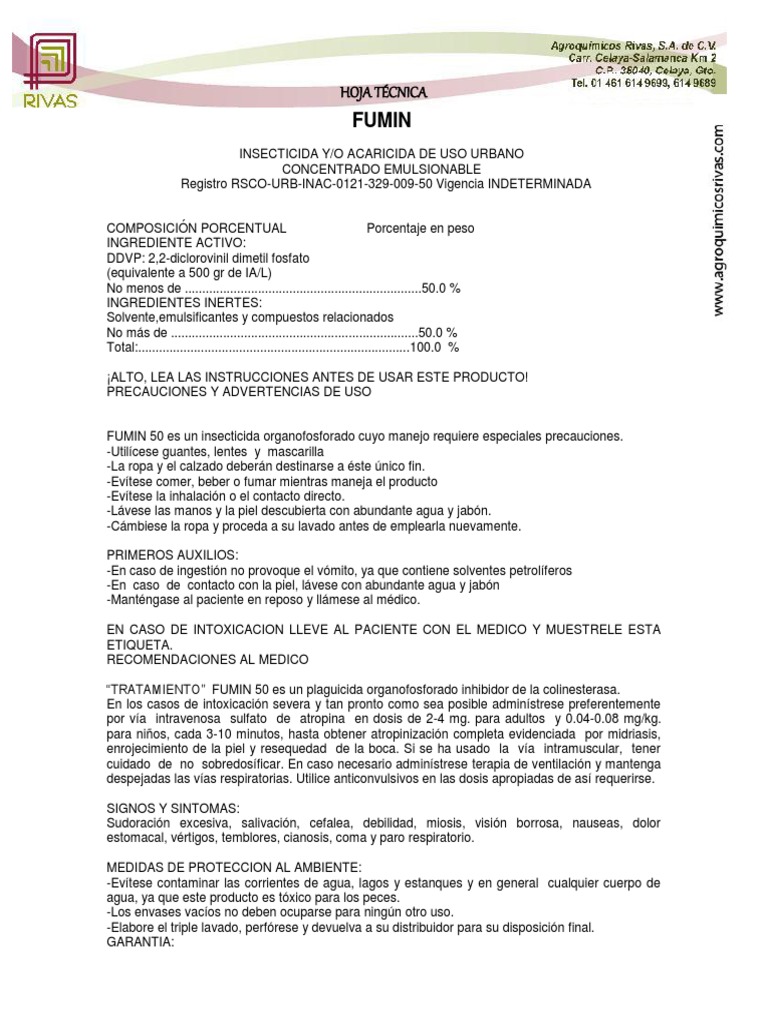 Hoja Tecnica Fumin 50 | PDF | Agua | Especialidades Medicas