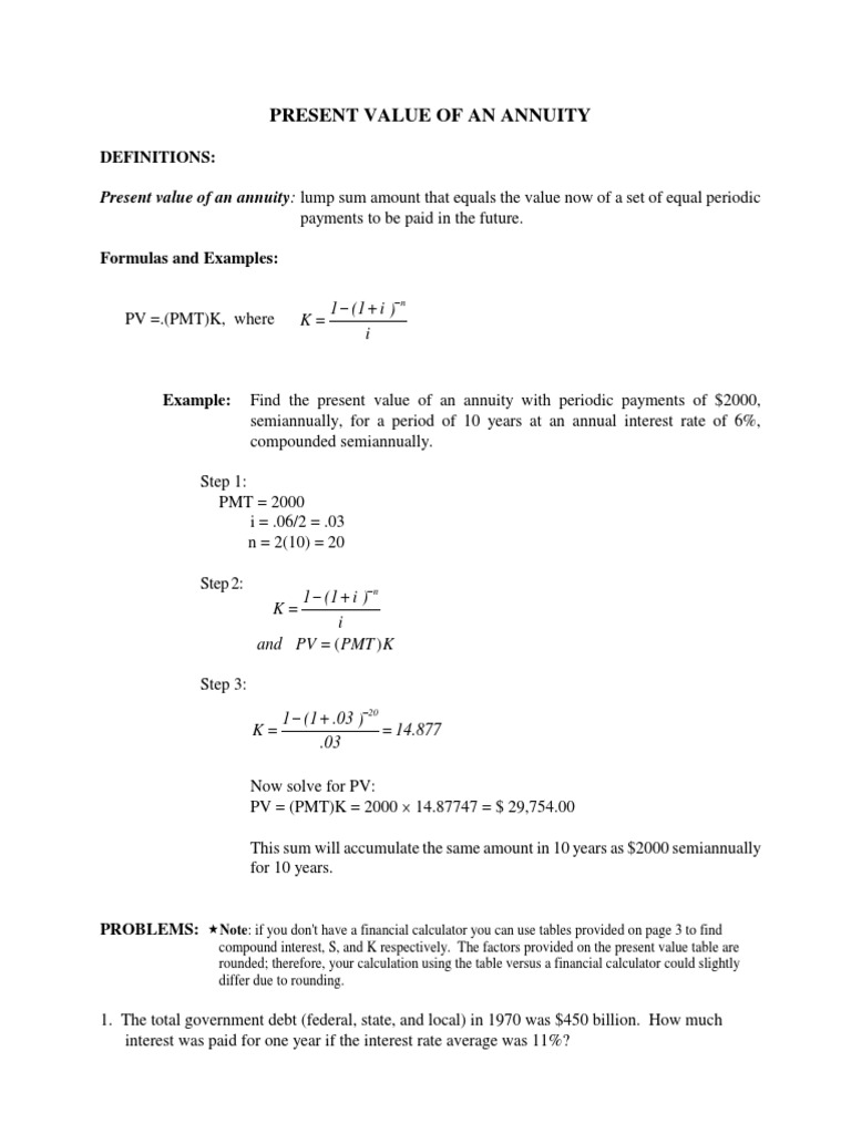 Calculating the Present Value of an Annuity: Formulas, Examples, and Practice Problems | PDF ...