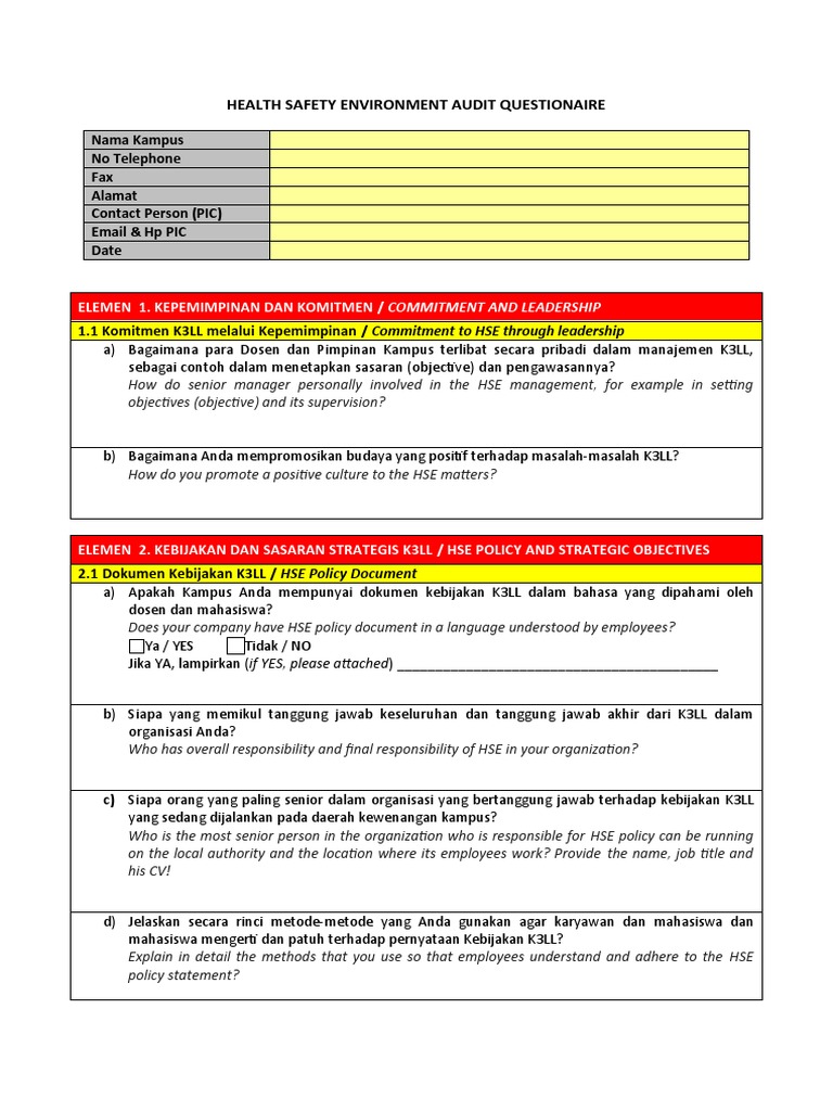 HSE Audit Questionnaire | PDF