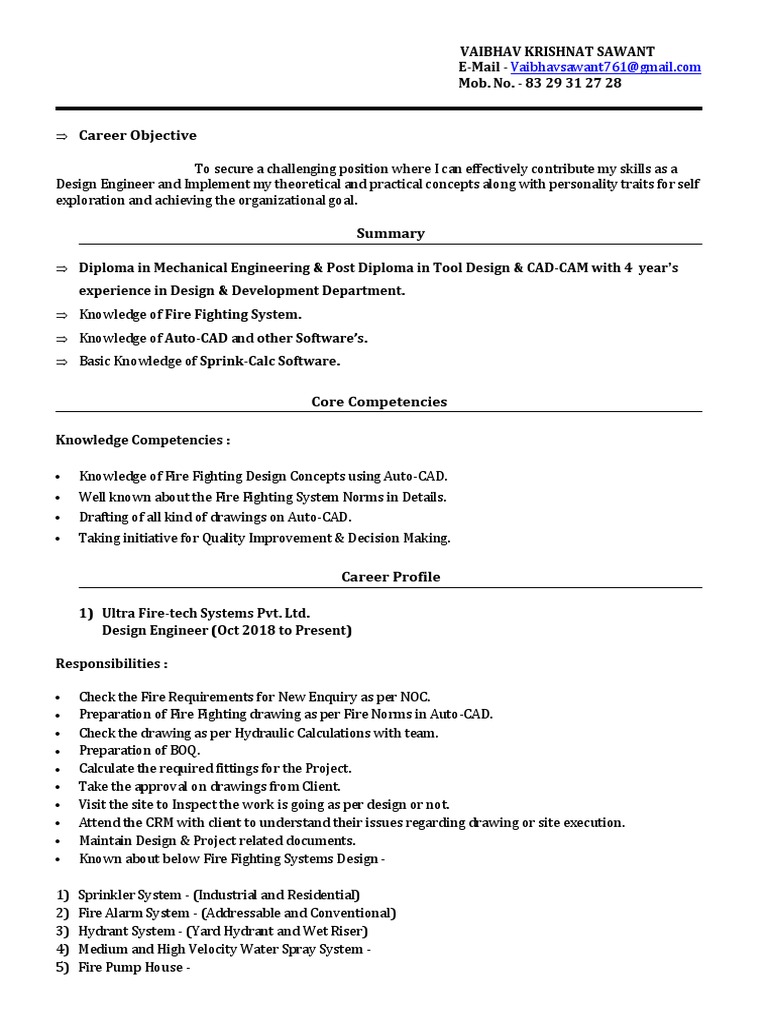 Resume - Vaibhav Sawant | PDF | Firefighting | Fire Sprinkler System