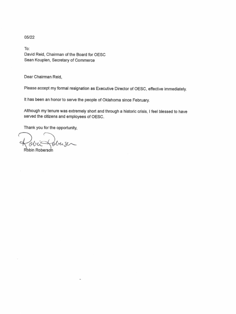 Robin Roberson Letter of Resignation | PDF