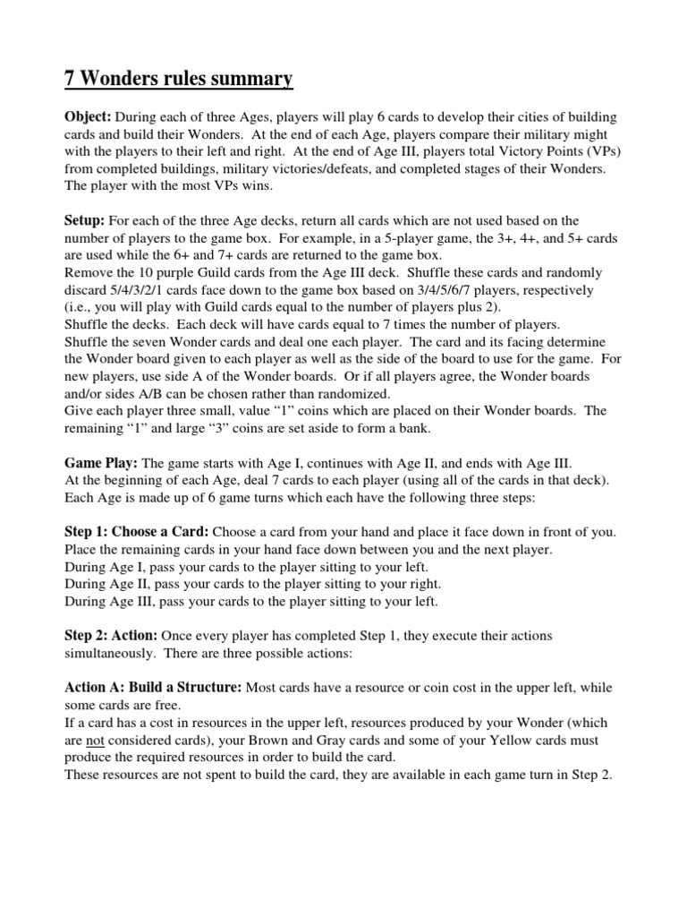 7 Wonders (Rules Summary v1) | PDF | Playing Cards | Ephemera