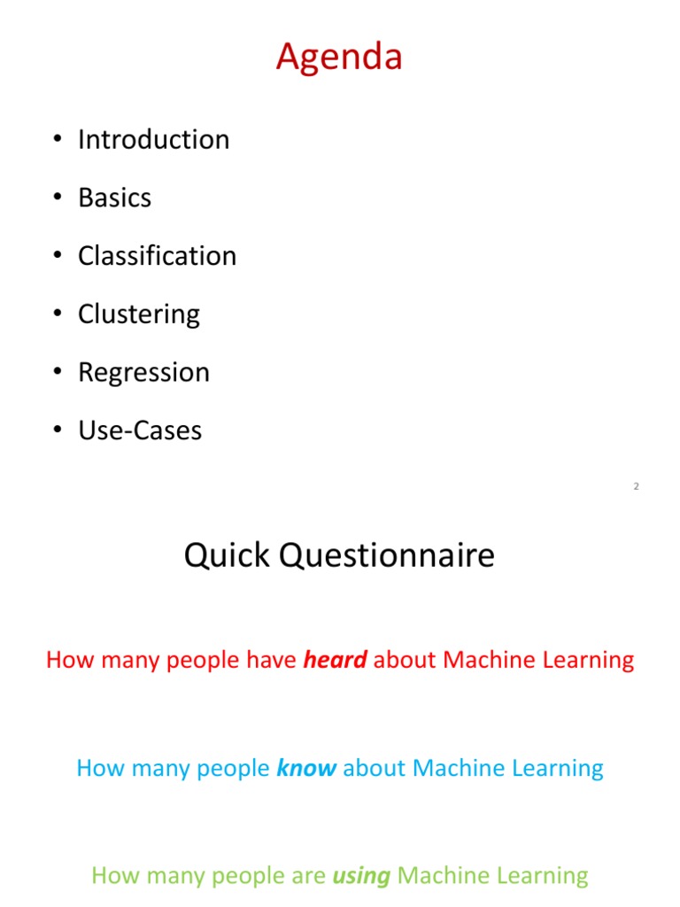Agenda: - Introduction - Basics - Classification - Clustering - Regression - Use-Cases | PDF ...