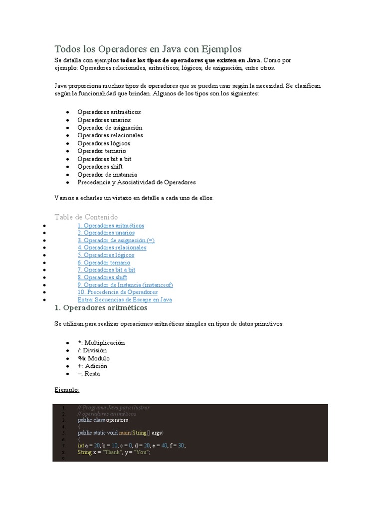 Operadores en Java: Tipos y Ejemplos | PDF | Poco | Java (lenguaje de ...