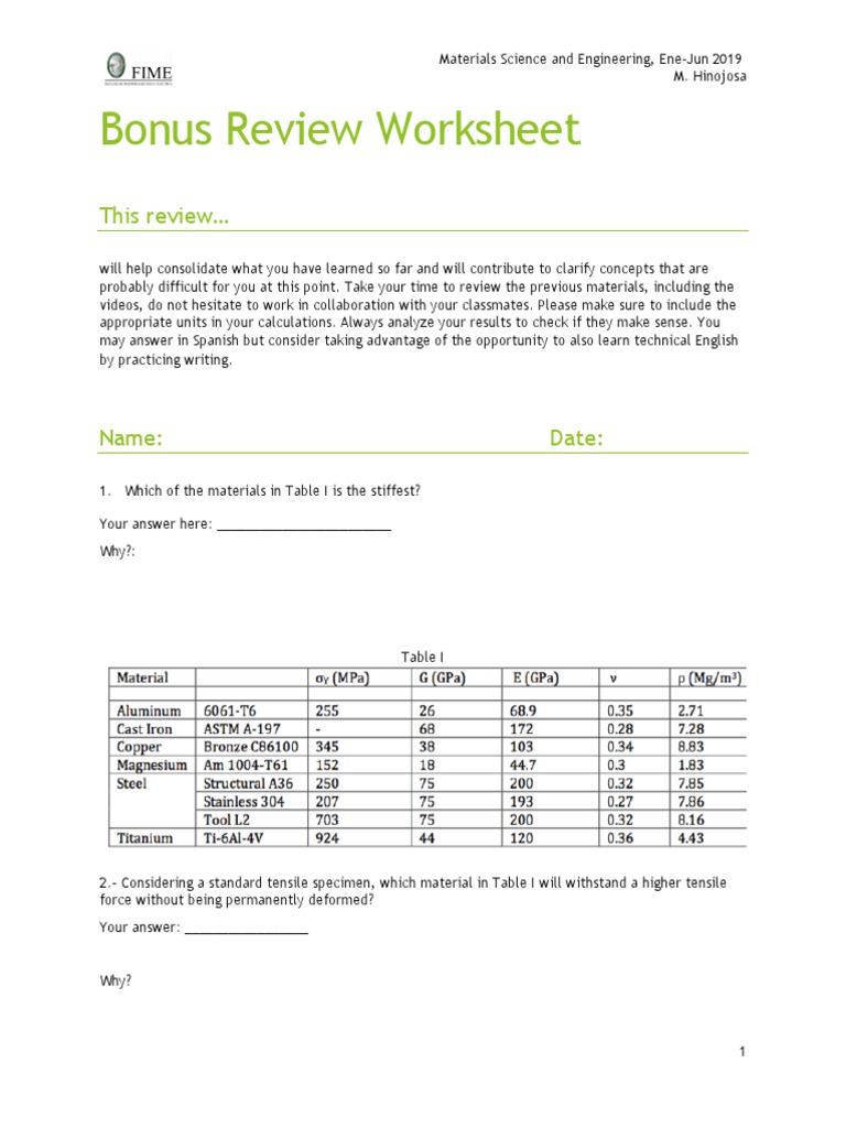 Bonus Review Worksheet | PDF | Deformation (Engineering) | Young's Modulus