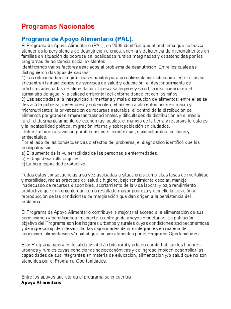 Programas Nacionales e Internacionales de Alimentacion | PDF | Programa ...