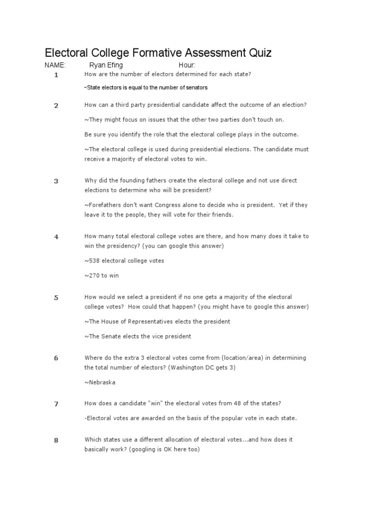 Electoral College Formative Assessment Quiz | PDF | United States ...
