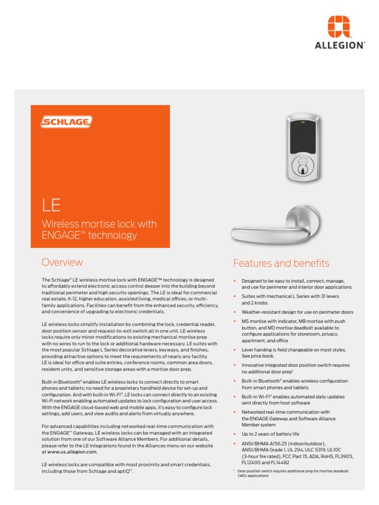 Schlage Le Series Data Sheet 111389 | PDF | Wi Fi | Access Control