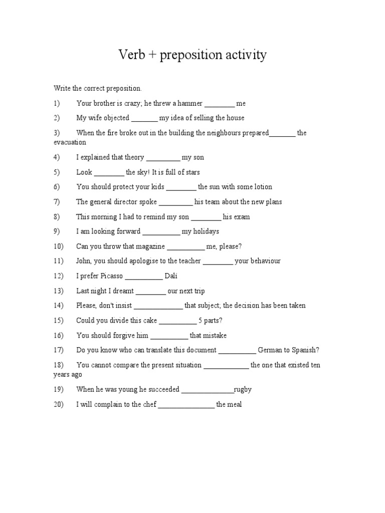 Verb Preposition Activity | PDF