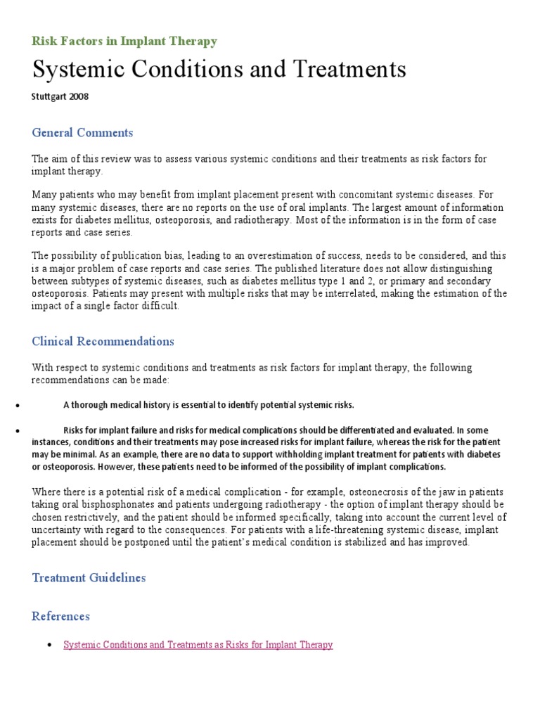 Systemic Conditions and Treatments | PDF | Therapy | Risk
