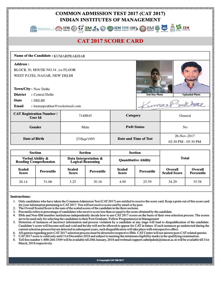 Cat 2017 Score Card: Common Admission Test 2017 (Cat 2017) Indian ...
