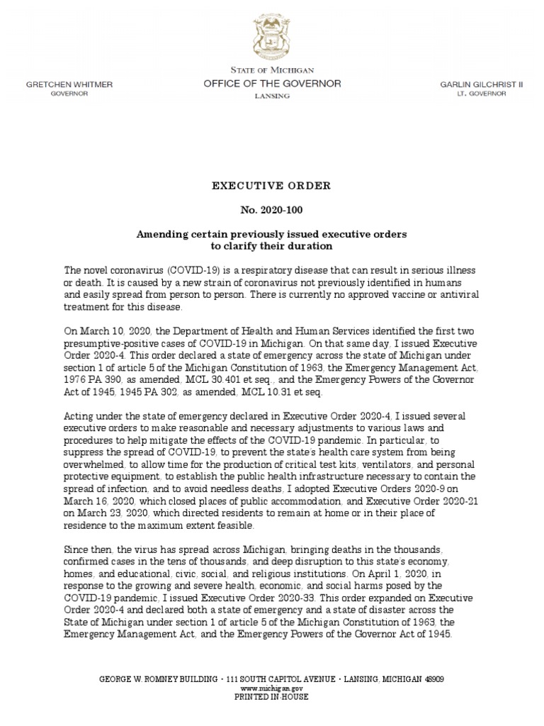EO 2020-100 Emerg Order - Amendments | PDF | State Of Emergency ...
