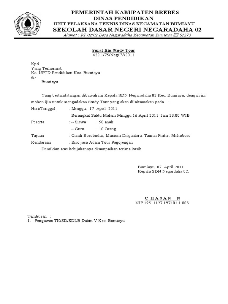 Surat Izin Study Tour Sekolah SDN 02 | PDF
