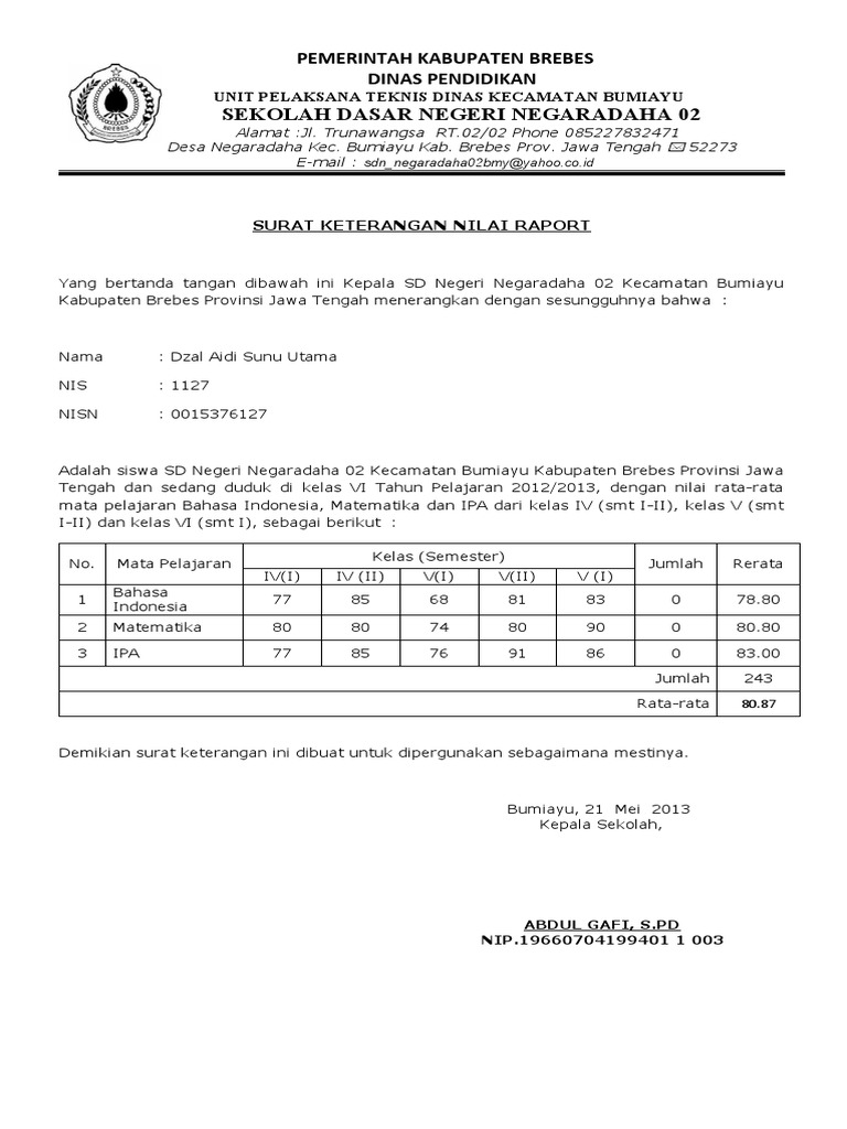 Surat Ket. Nilai Rapot | PDF