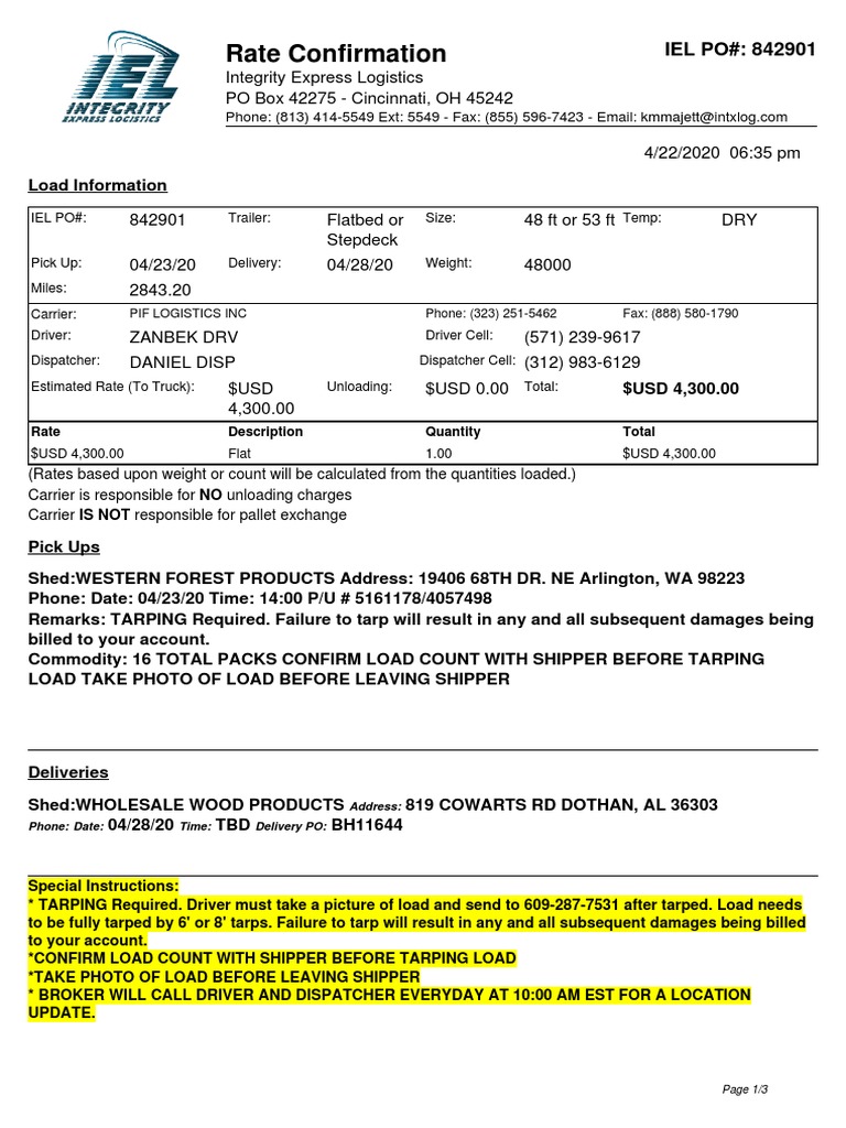 Rate Confirmation: Integrity Express Logistics PO Box 42275 ...