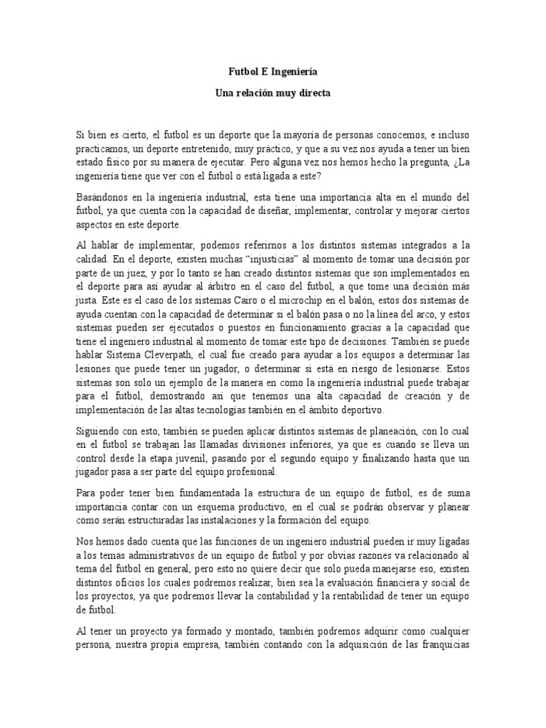 Ensayo Sobre El Fútbol Con Relación A La Ingeniería | PDF | Asociación ...