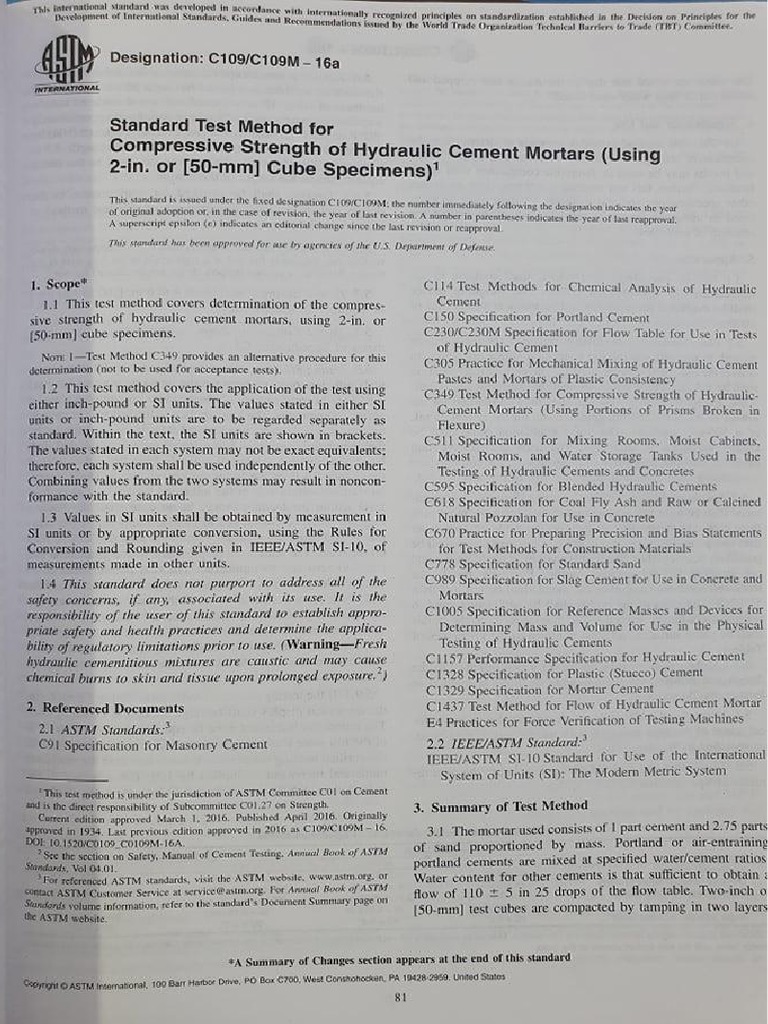 ASTM C109 Compressive Strength of Hydraulic Cement Mortars Using 2in or ...