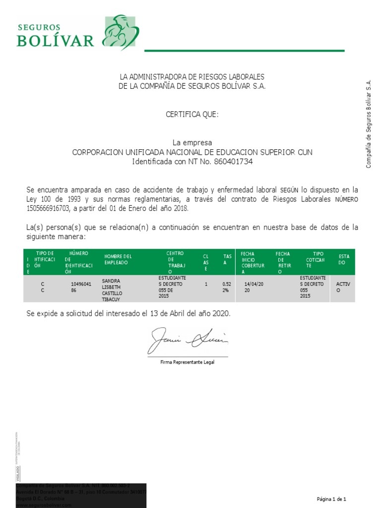 Certificado ARL Seguros Bolívar 2020 | PDF | Business