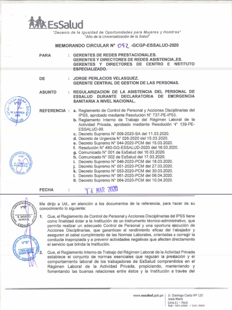 Memorando Circular N 092-Gcgp-Essalud-2020 Regularización de La Asistencia Del Personal de ...