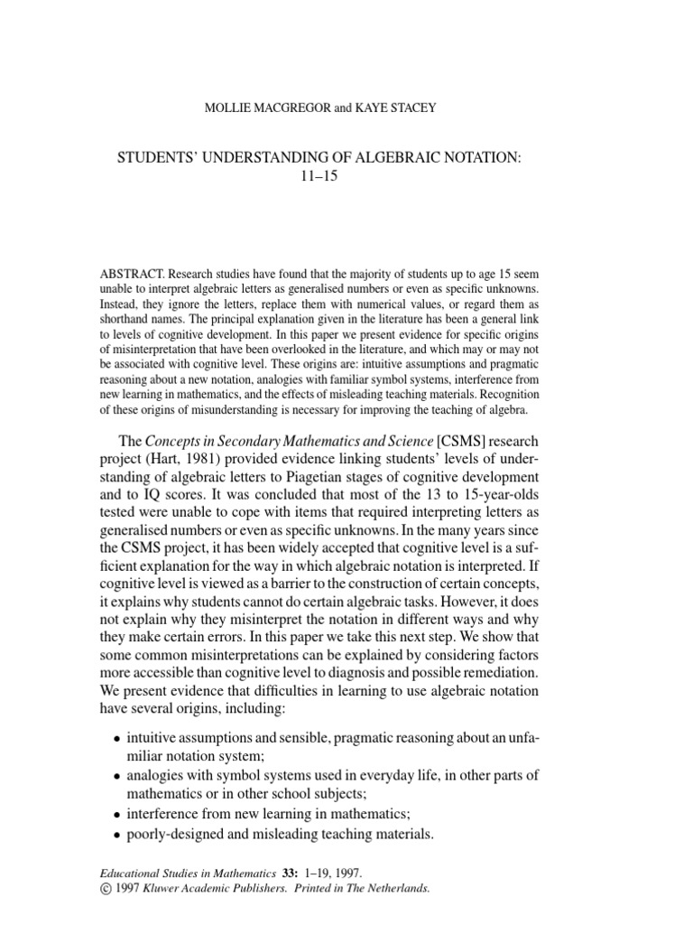 Student's Understanding of Algebraic Notation PDF | PDF | Algebra ...