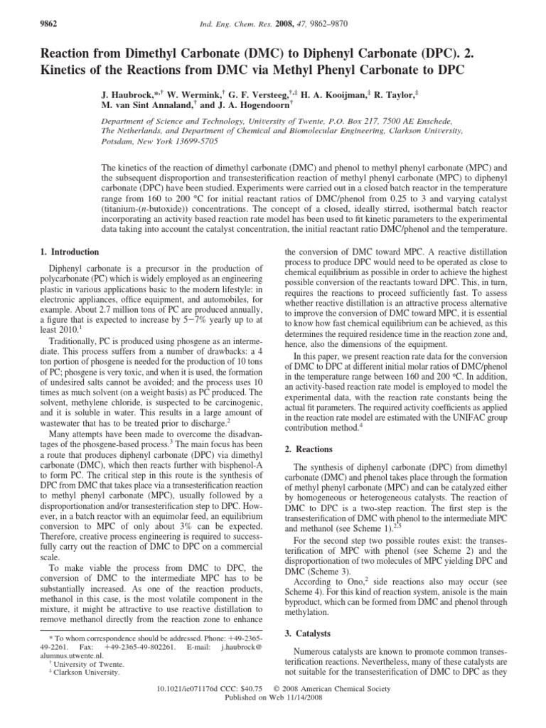 Reaction From Dimethyl Carbonate DMC To | PDF | Reaction Rate | Catalysis