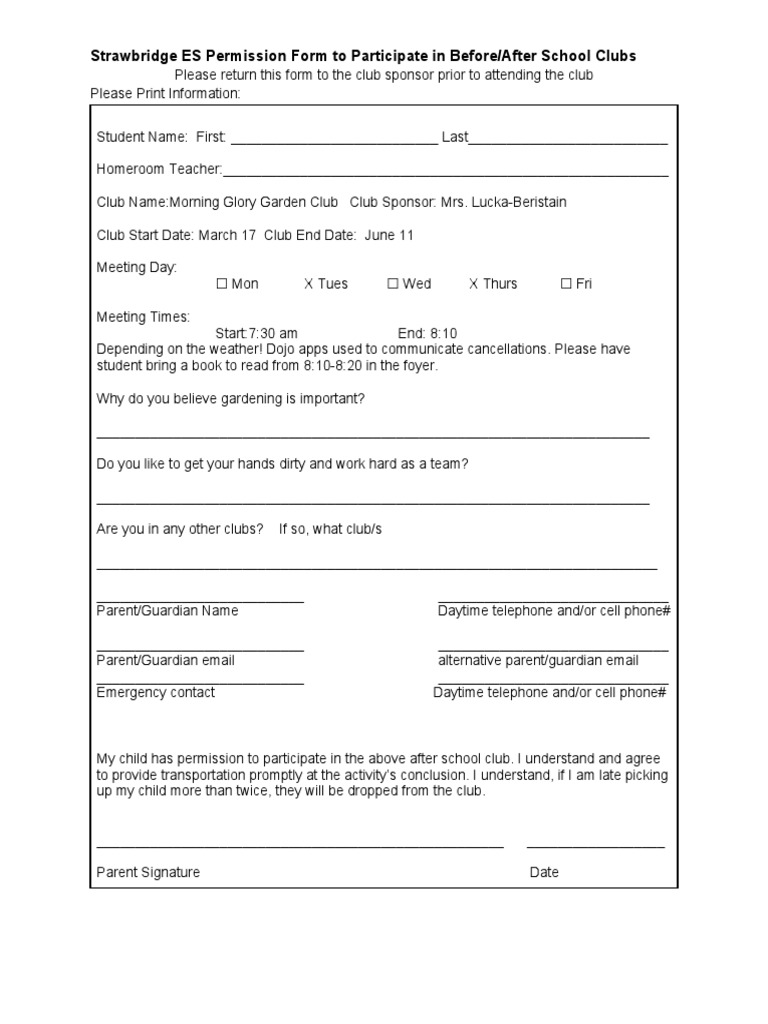 Morning Glory Garden Club Permission Slip | PDF