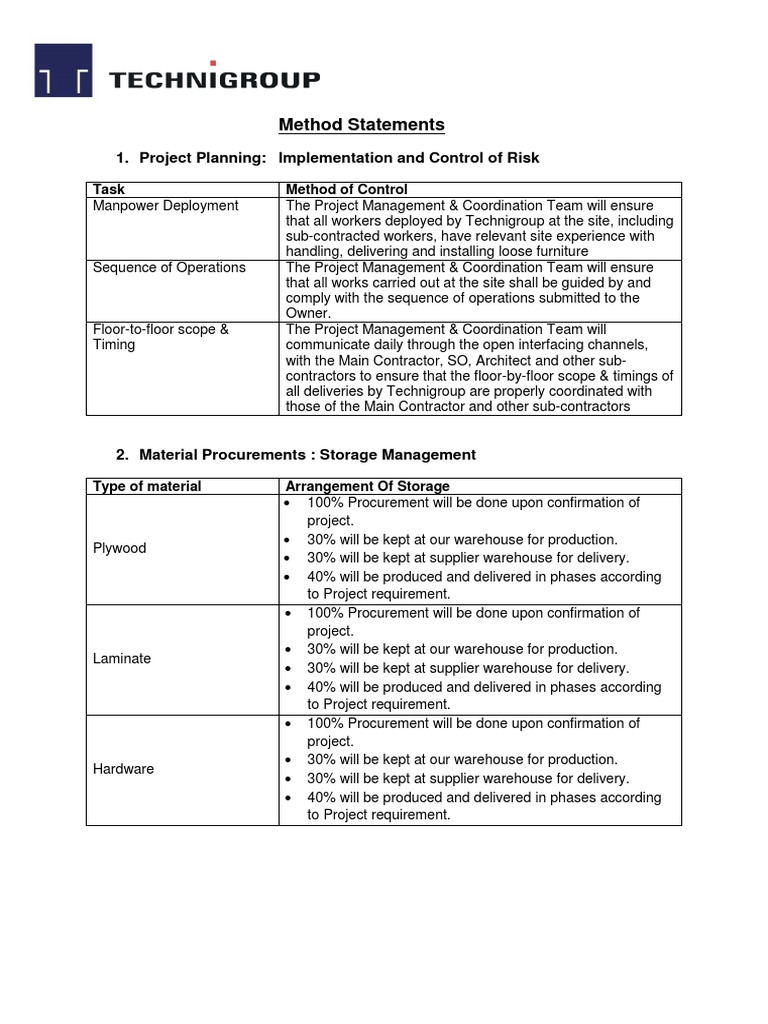 Method Statements: 1. Project Planning: Implementation and Control of ...