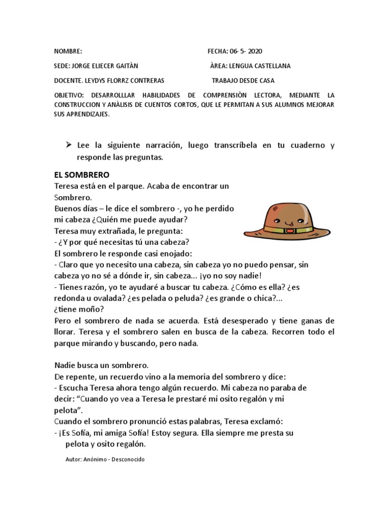 Cuento "El Sombrero" con Preguntas | PDF | Hogar, jardinería y ...