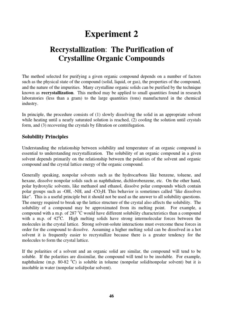 Experiment 2: Recrystallization: The Purification of Crystalline ...