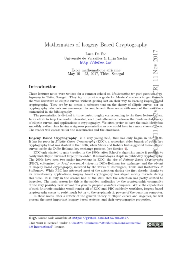 Mathematics of Isogeny Based Cryptography: Luca de Feo Université de ...