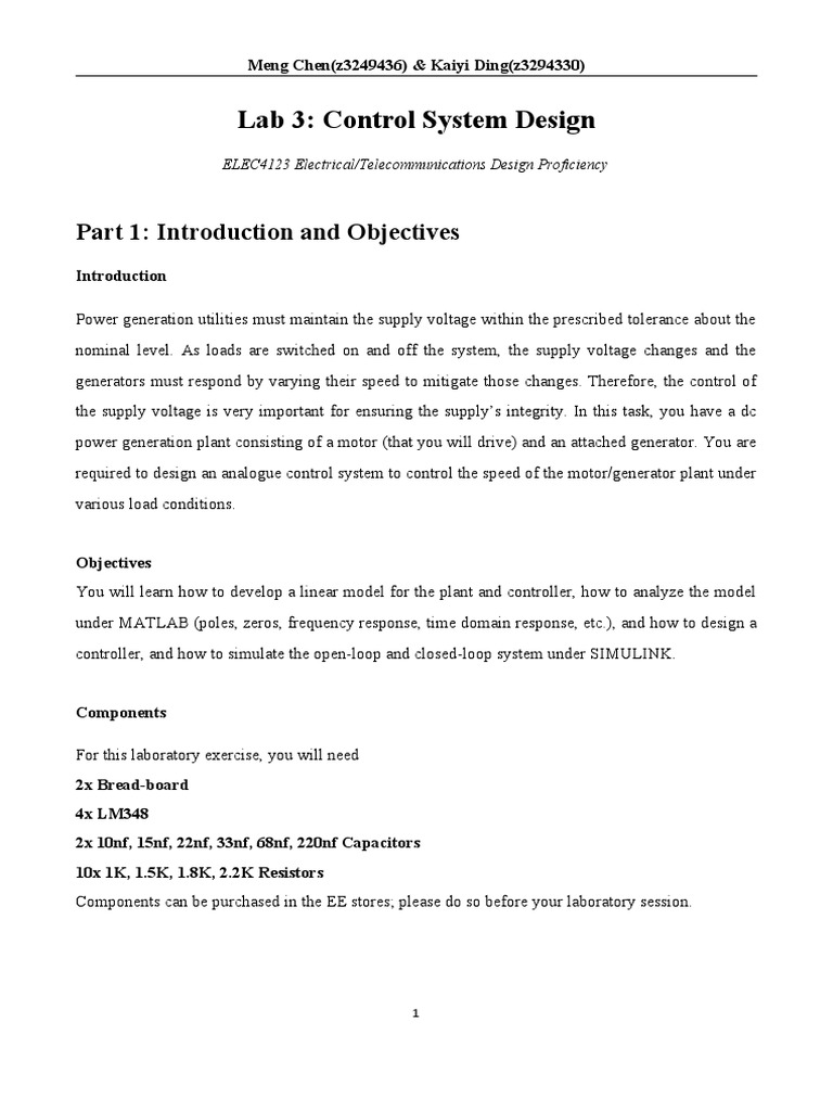 Lab 3: Control System Design: Part 1: Introduction and Objectives | PDF ...