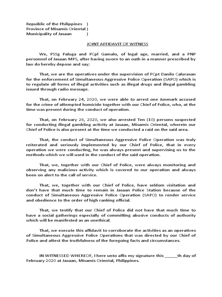 Joint Affidavit of Witness | PDF | Affidavit | Police