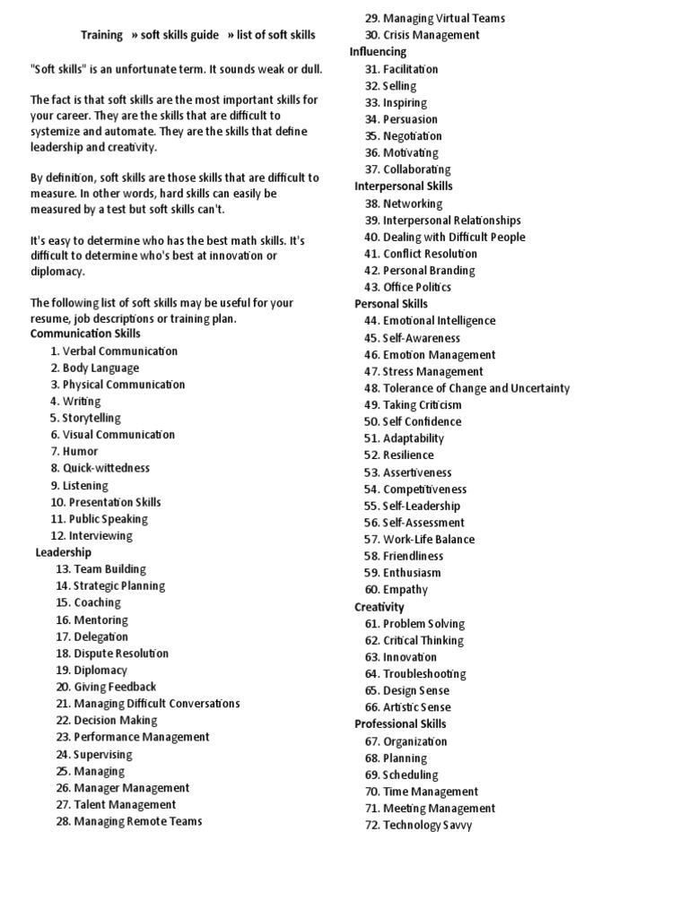 Training Soft Skills Guide List of Soft Skills Influencing | PDF ...