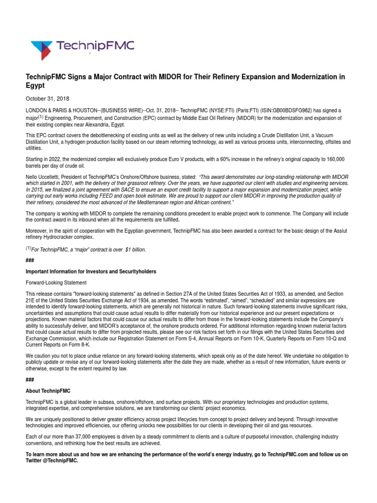 TechnipFMC's $1B MIDOR Refinery Deal | PDF | Oil Refinery | Economies