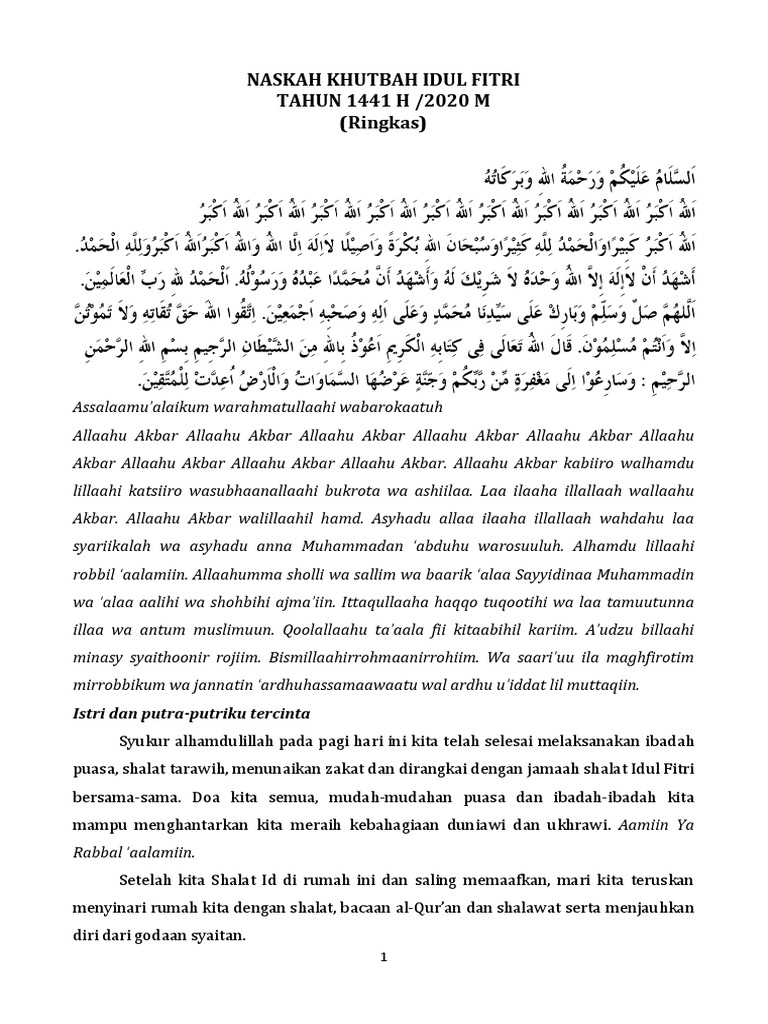 Naskah Khutbah Idul Fitri 1441 H Ringkas | PDF