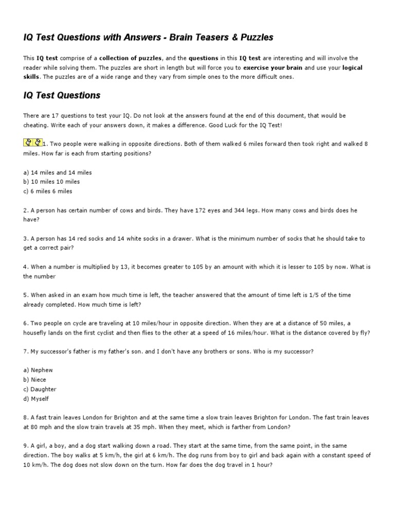 IQ Test Questions With Answers - Brain Teasers & Puzzles | PDF | Speed ...