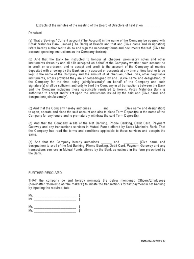 Draft Resolution For Companies | PDF | Cheque | Banks