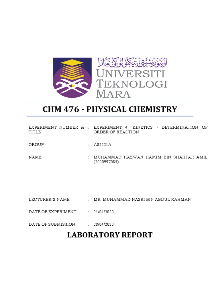 CHM 476 - Physical Chemistry: Laboratory Report | PDF | Reaction Rate ...