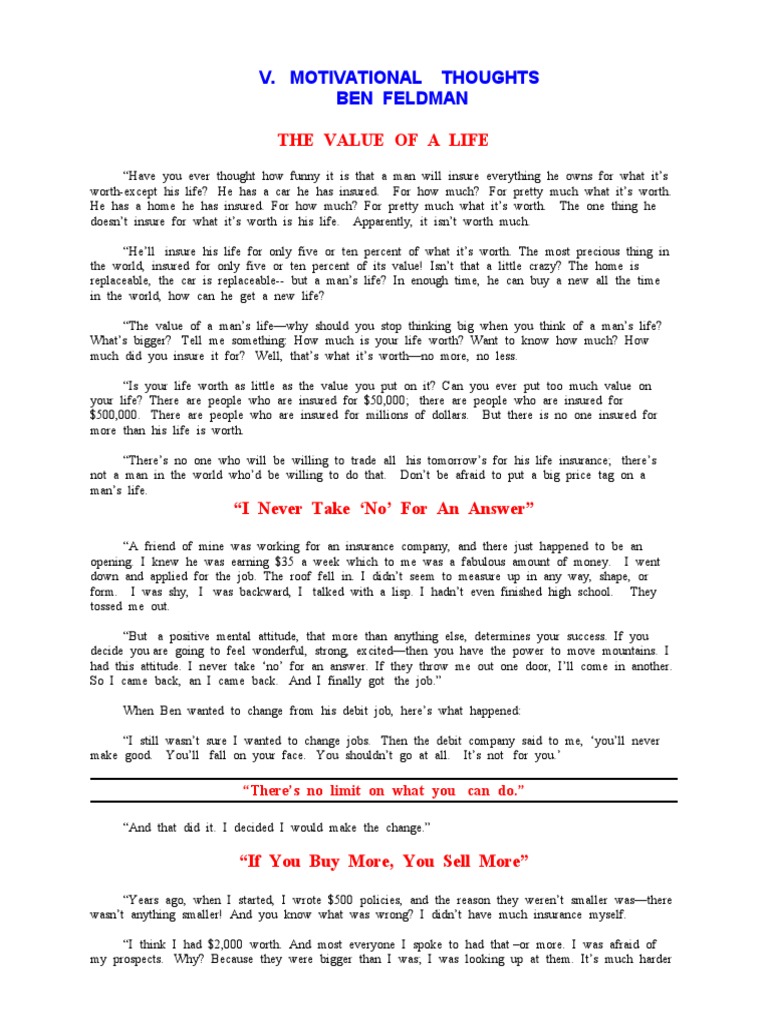 V. Motivational Thoughts Ben Feldman: The Value of A Life | PDF ...