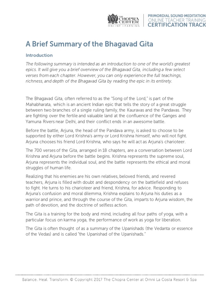 A Brief Summary of The Bhagavad Gita | PDF | Bhagavad Gita | Yoga