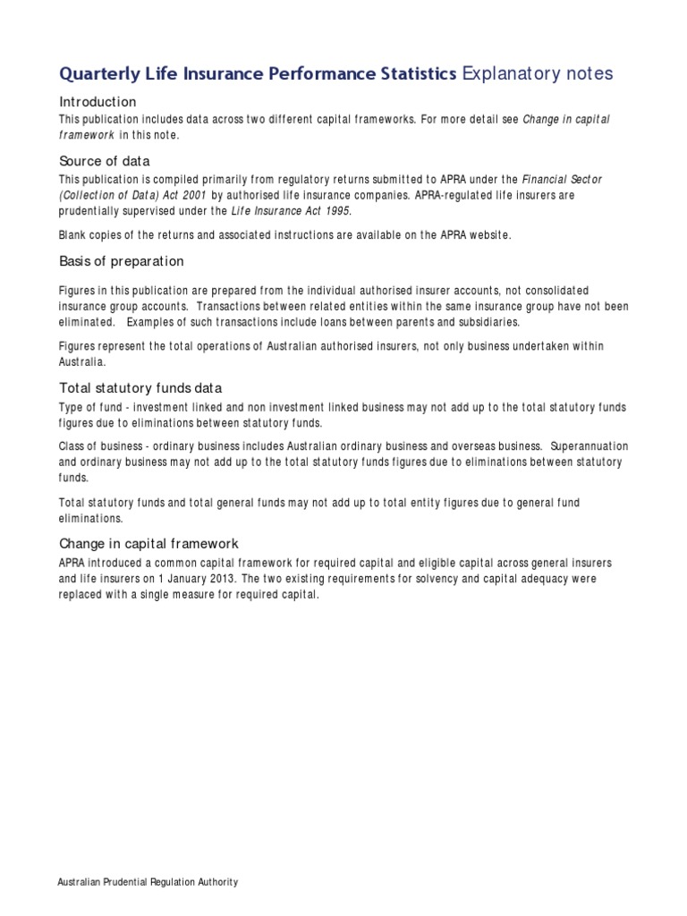 Quarterly Life Insurance Performance Statistics Explanatory Notes | PDF ...
