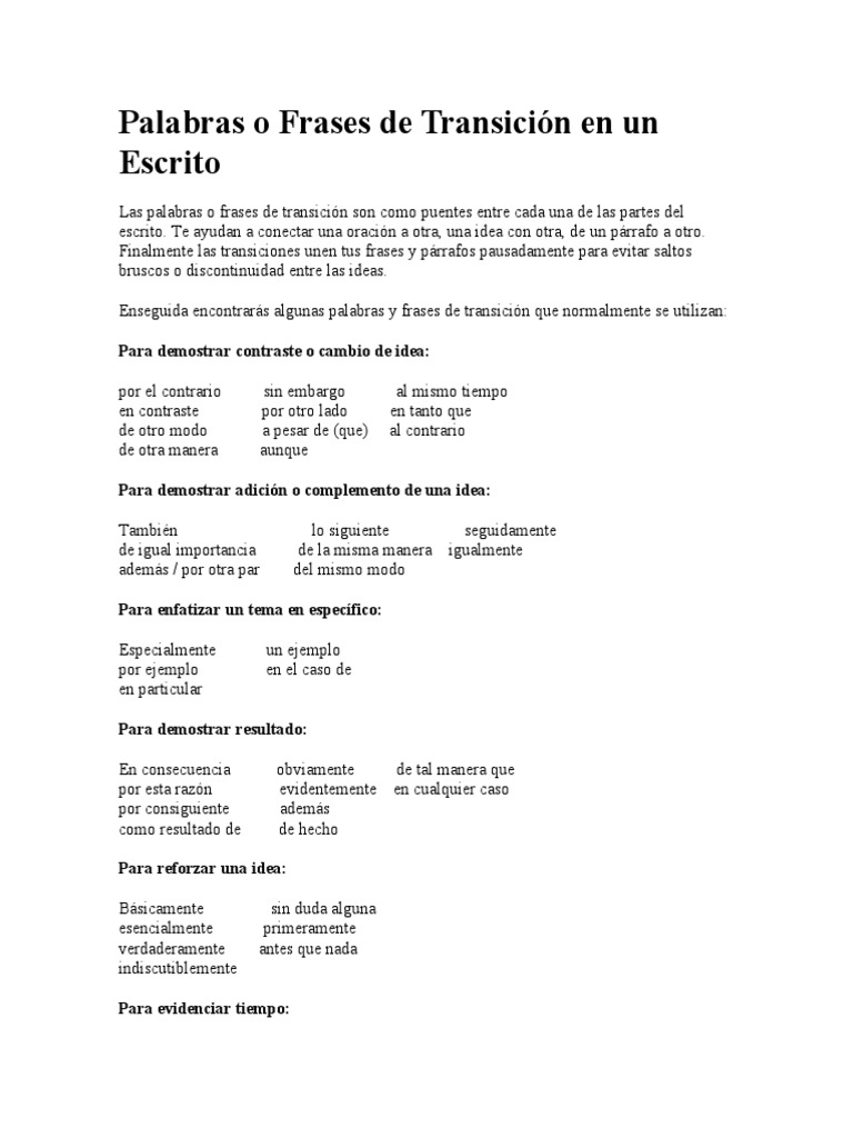 Palabras y Frases de Transición | PDF | Artes del Lenguaje y Comunicación